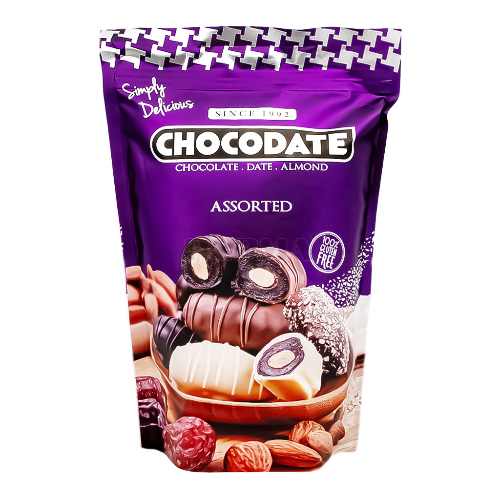 Chocolate candies "Chocodate" milk, dark, white, date, almond, gluten ...